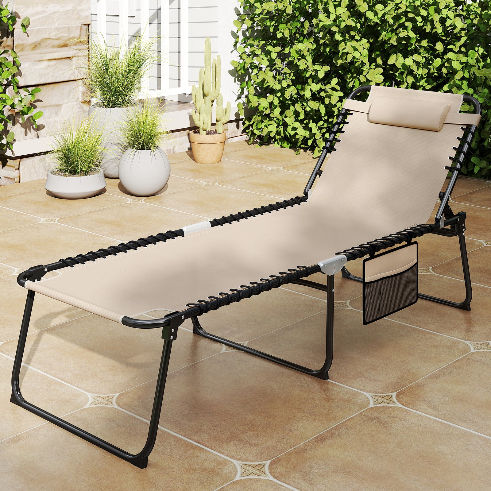 4 Position Folding Lounge Chair with Adjustable Backrest and Footrest-