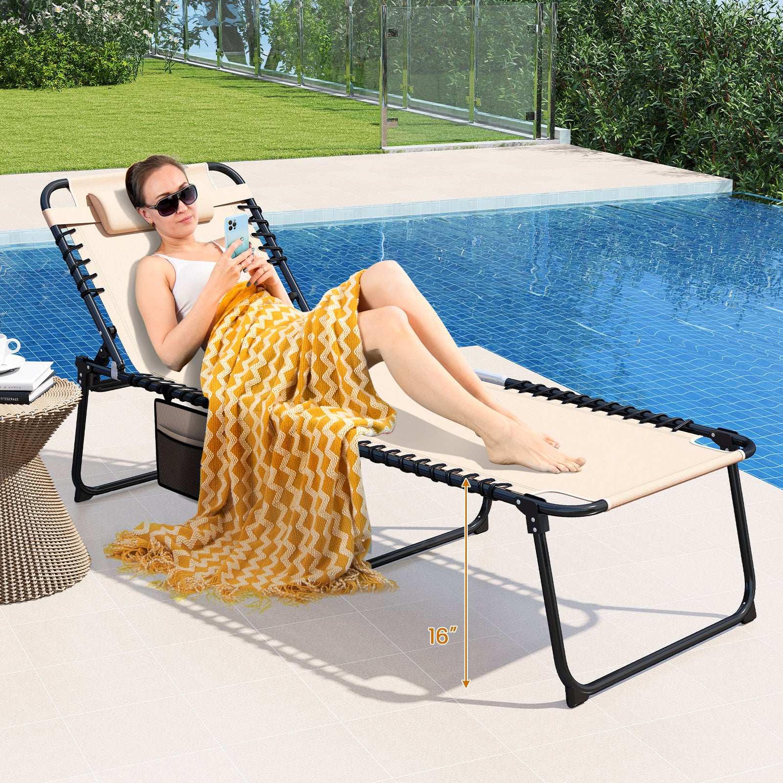 4 Position Folding Lounge Chair with Adjustable Backrest and Footrest-