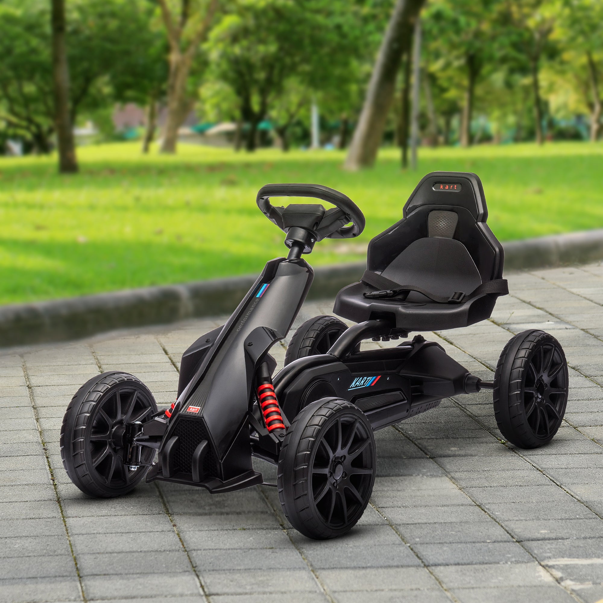 Pedal go-kart with adjustable seat, handbrake, shock absorber, black