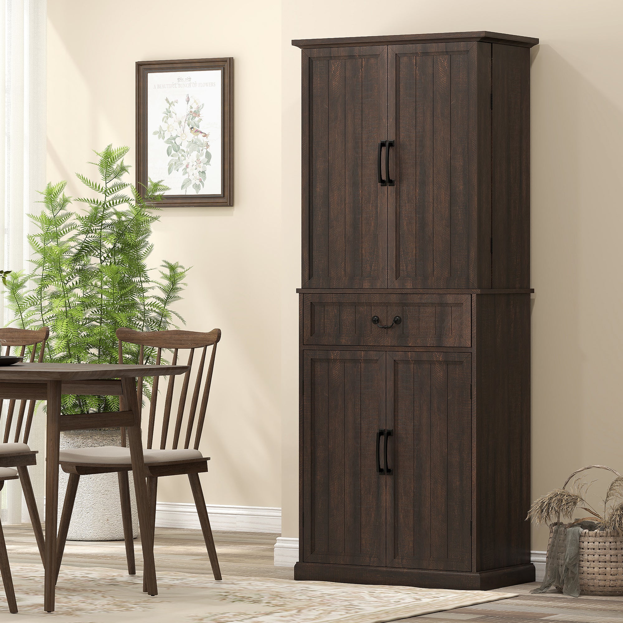 Country style storage unit with door shelves and LEDs, aged brown